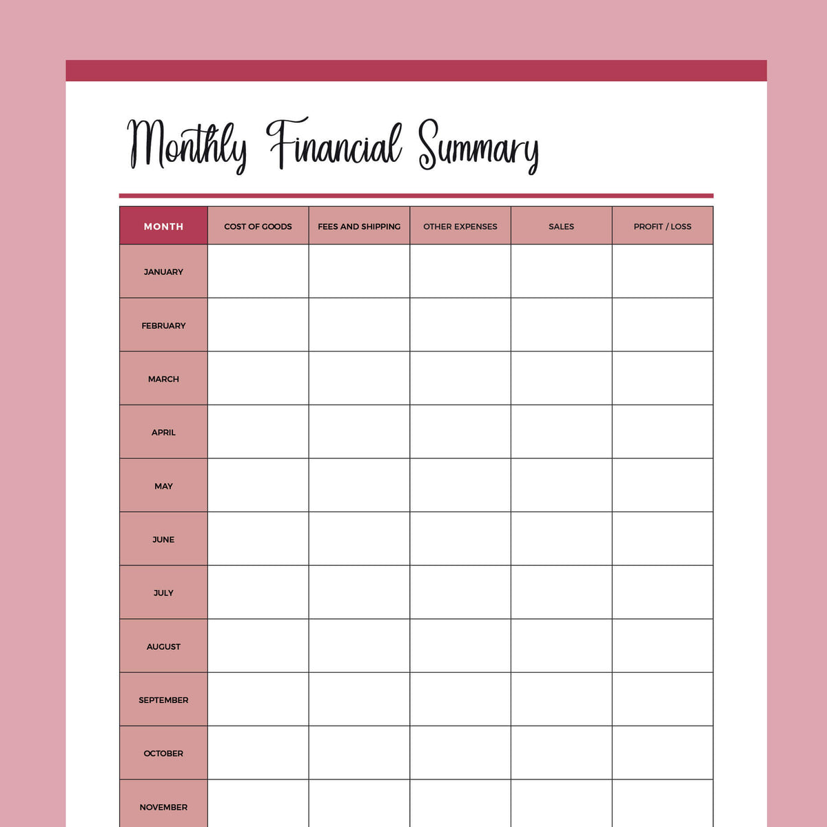 Printable Monthly Financial Summary – Plan Print Land